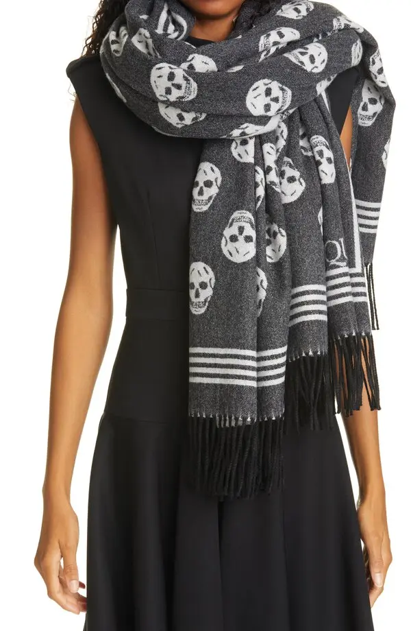 Alexander Mcqueen Biker Skull Wool Blanket Scarf - 1078 Black